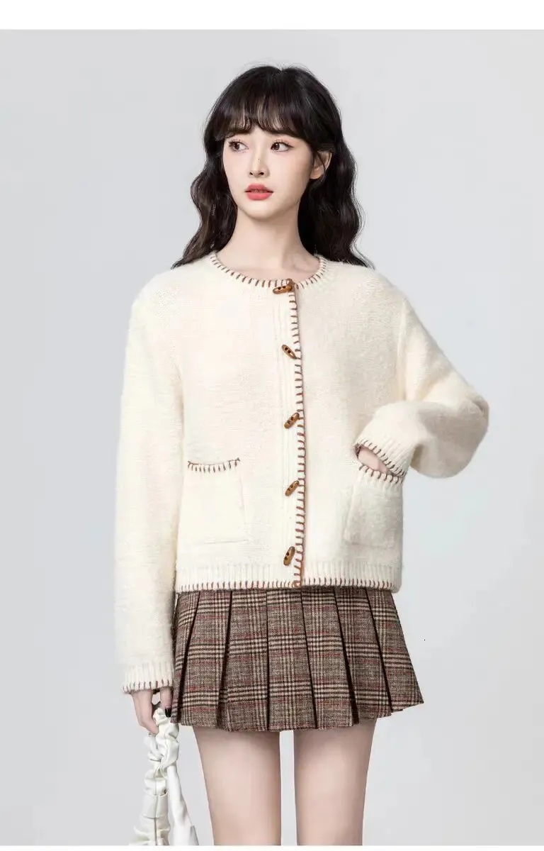 Womens Apricot Cardigan Sweater Long Sleeve O-Neck Bull Horn Button ...