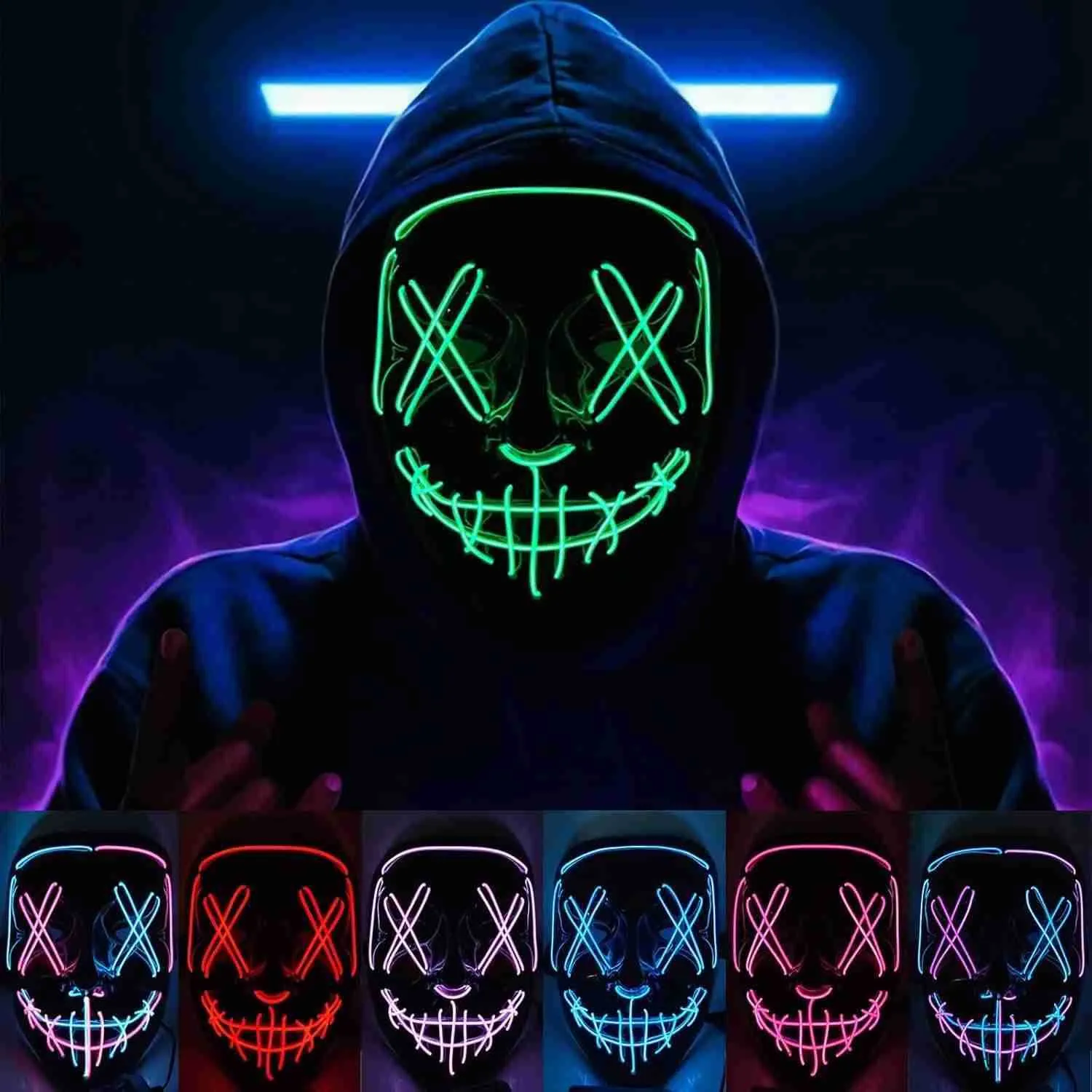 Adjustable LED Glow V Neon Mask For Halloween, Rave, Cosplay, Ghost ...