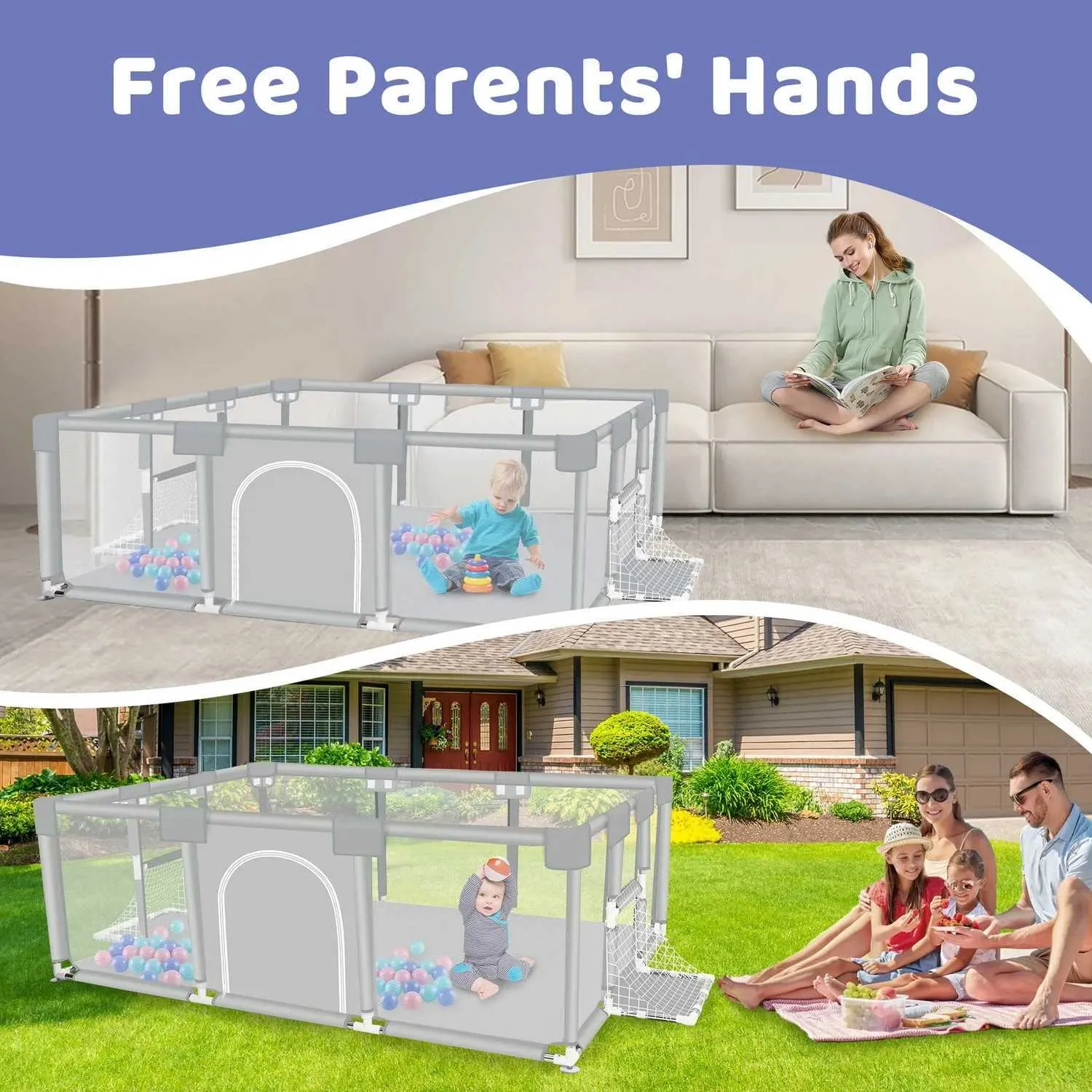 ANGDUO Baby Playpen 71 Inch Large Light Grey Play Yard with Breathable ...