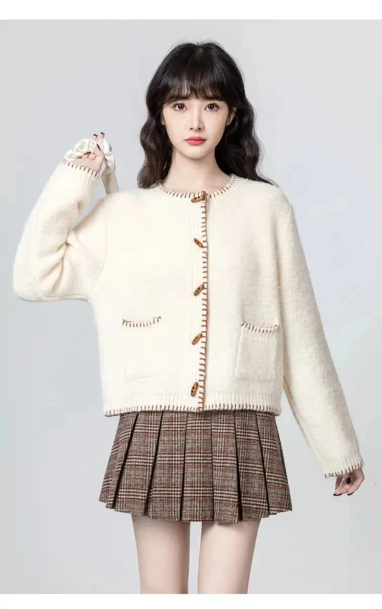 Womens Apricot Cardigan Sweater Long Sleeve O-Neck Bull Horn Button ...