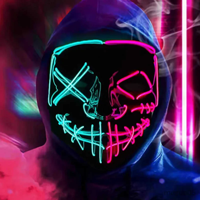 LED Purge Neon Mask Scary Light Up Face Neon Mask For Halloween Party ...