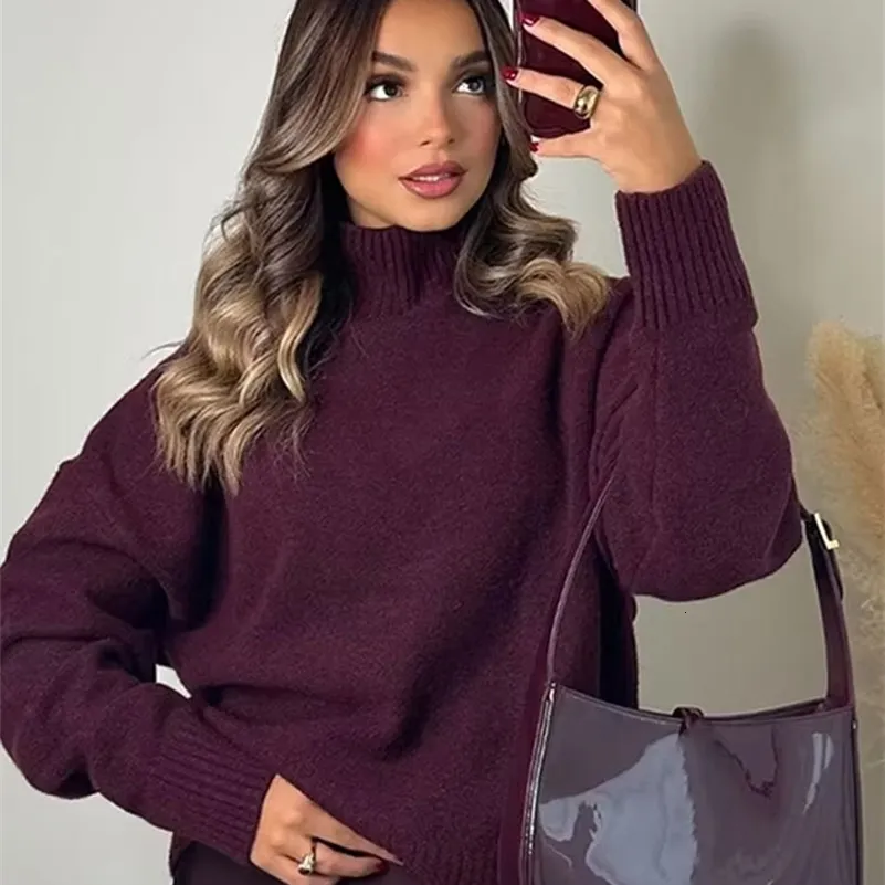 TRAFZA Women Burgundy Acetate Pullover Sweater Casual Long Sleeve ...