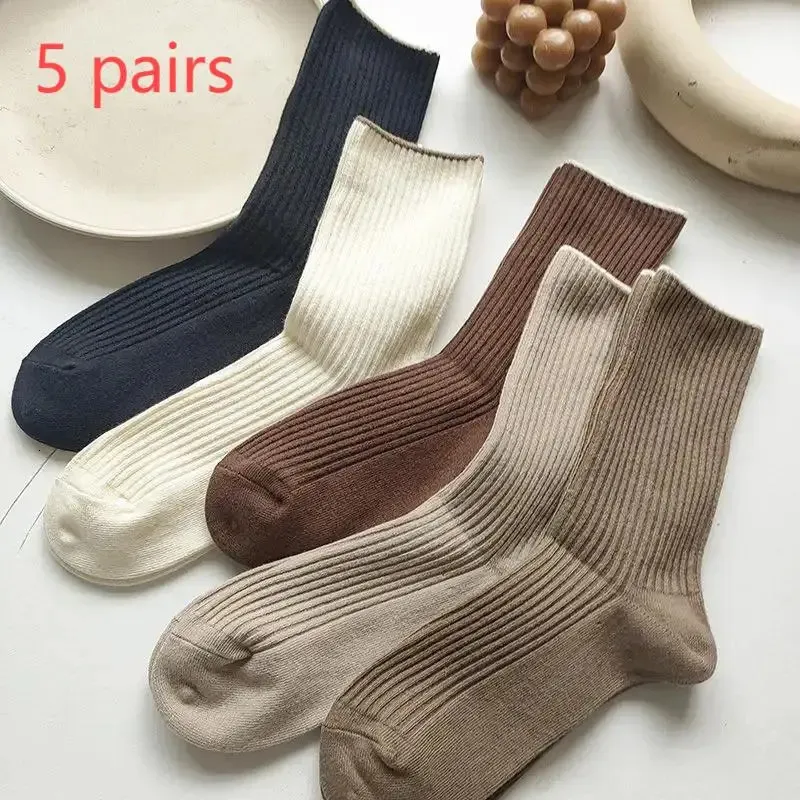 Japanese Socks Set Solid Color Womens Medium Length Cotton Socks for ...