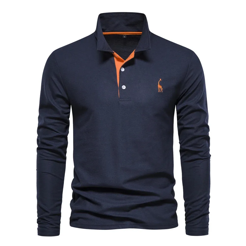 Mens Deer Embroidery Polo Shirts Solid Color Long Sleeve Classic Knit ...