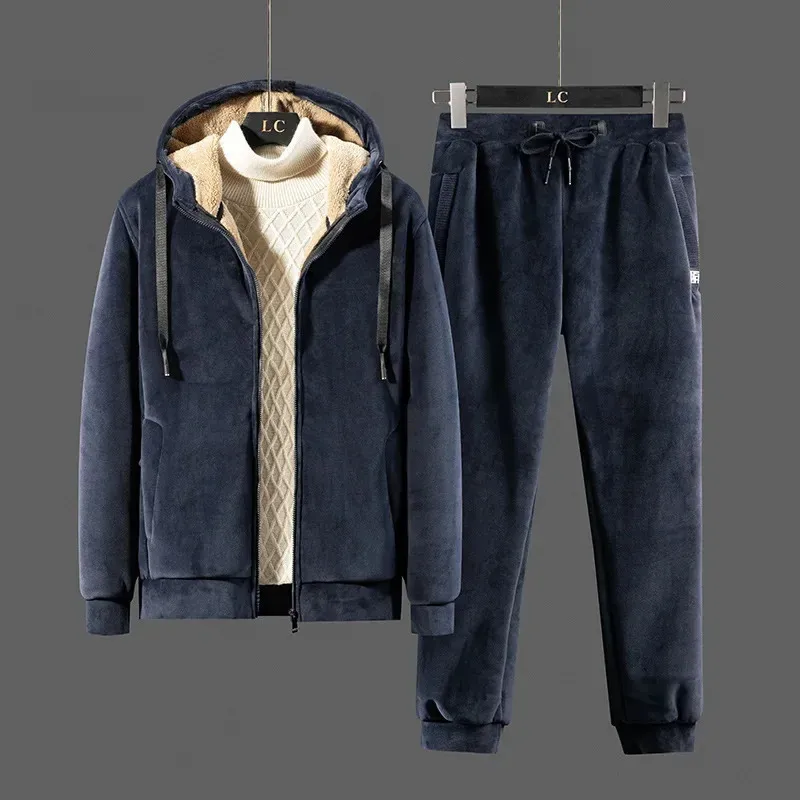 Cashmere Tracksuit Mens Sets Fleece Thick Hooded Jacket and Pants Warm ...