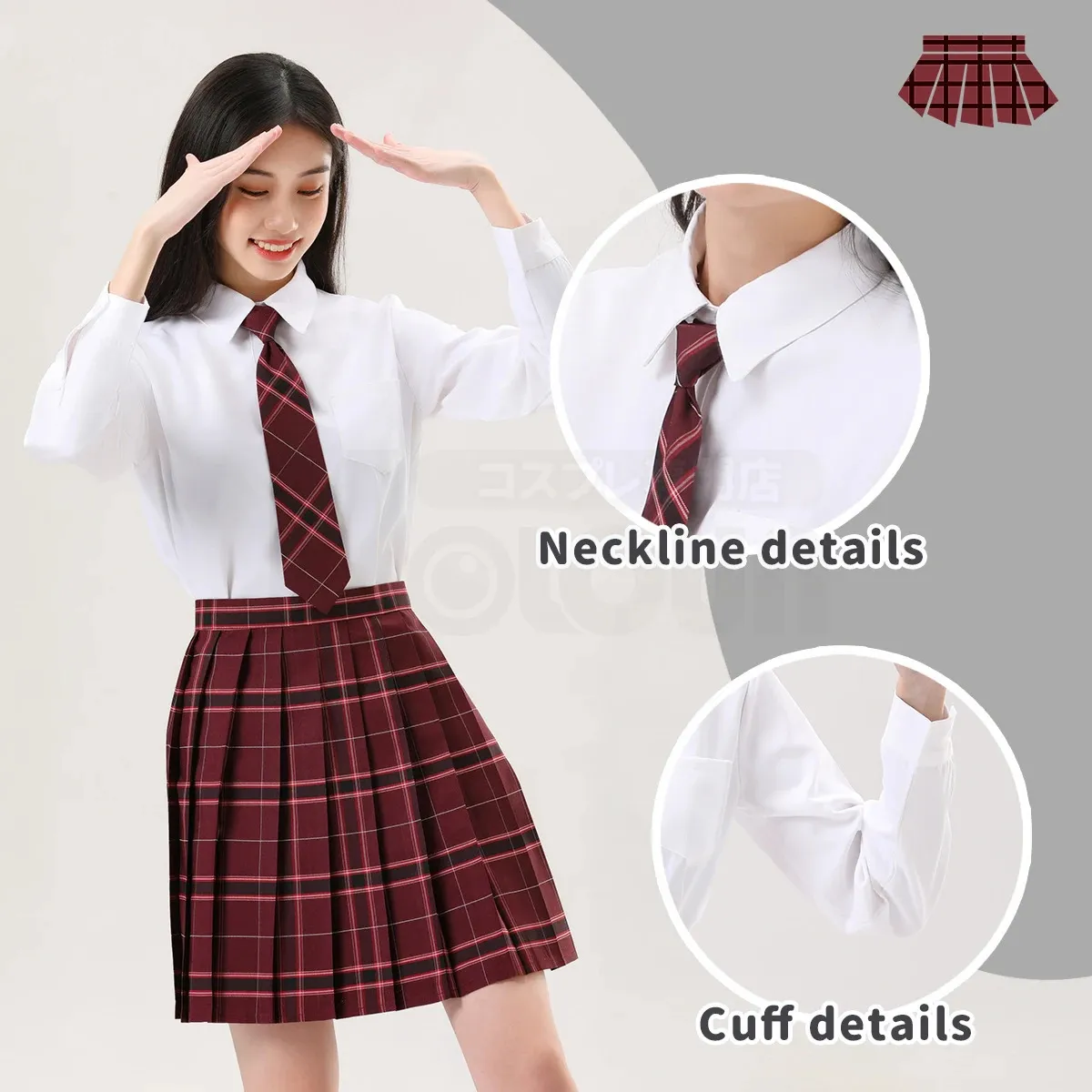Plaid Pleated Skirt 48CM Set Bow Necktie Long Sleeve Shirt High Waist A ...