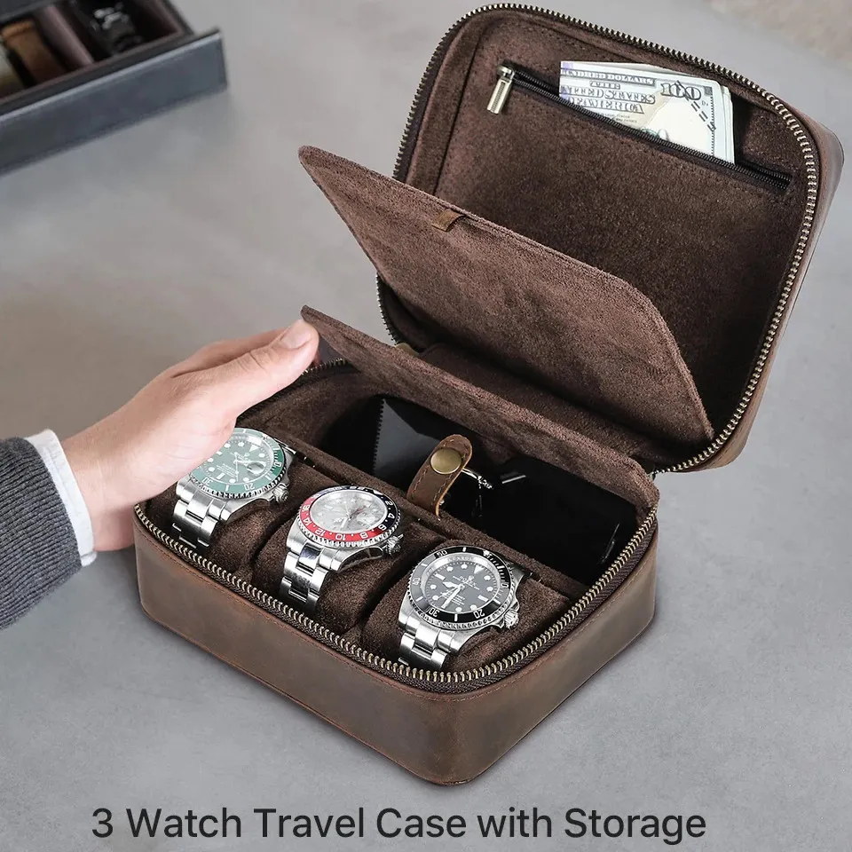 Retro Genuine Leather Watch Travel Box with 3 Slots and Soft Lining for ...