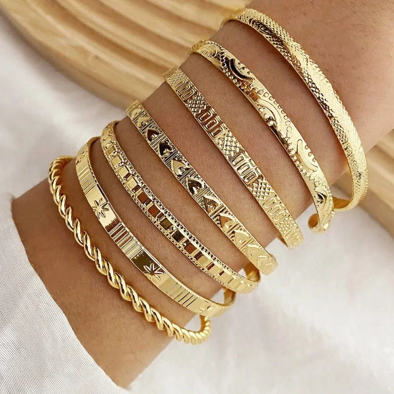 7-Piece Gold Bracelet Set - Bohemian Punk Style Alloy Open Cuff ...