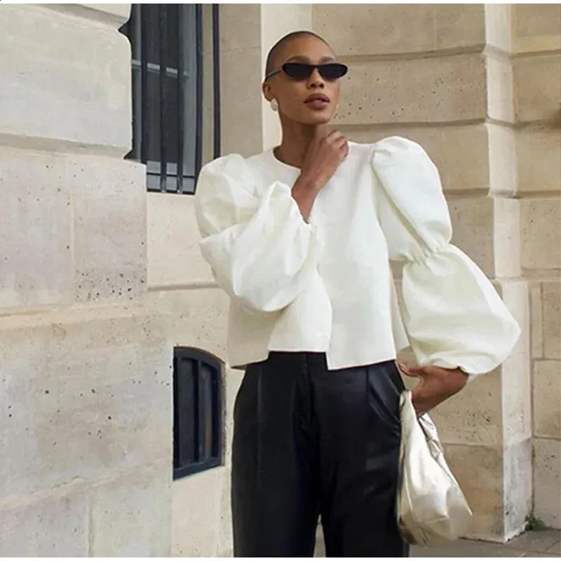 Satin O Neck Lantern Sleeve Women's Shirt, Elegant Solid Long Sleeved ...