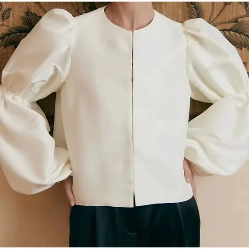 Satin O Neck Lantern Sleeve Women's Shirt, Elegant Solid Long Sleeved ...