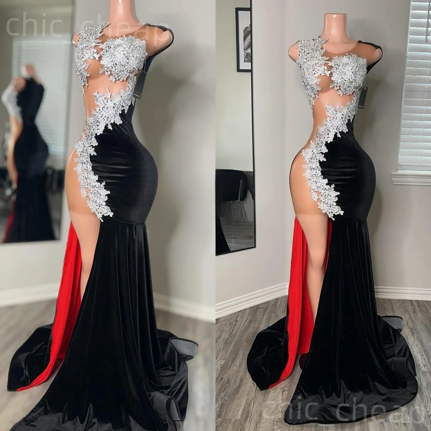 2025 Black Lace Mermaid Prom Black Prom Dress With Sheer Neckline, Velvet Embellishments, And ...