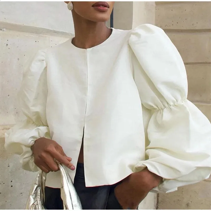 Satin O Neck Lantern Sleeve Women's Shirt, Elegant Solid Long Sleeved ...