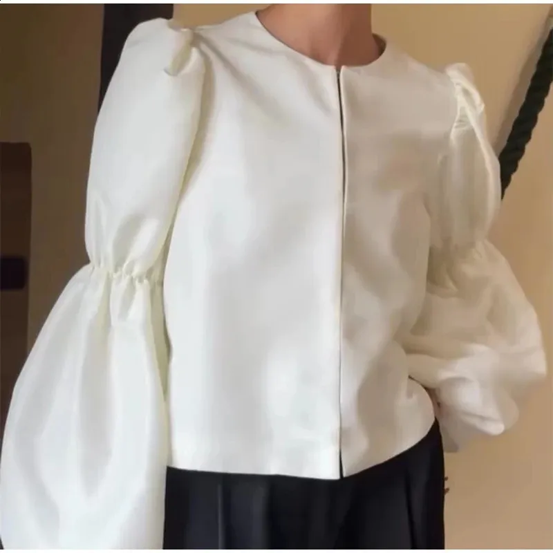 Satin O Neck Lantern Sleeve Women's Shirt, Elegant Solid Long Sleeved ...