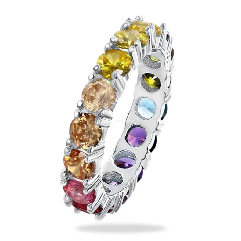Multicolor CZ Rainbow Diamond Ring Band Charm Engagement Wedding Rings For Women Gift Fine ...