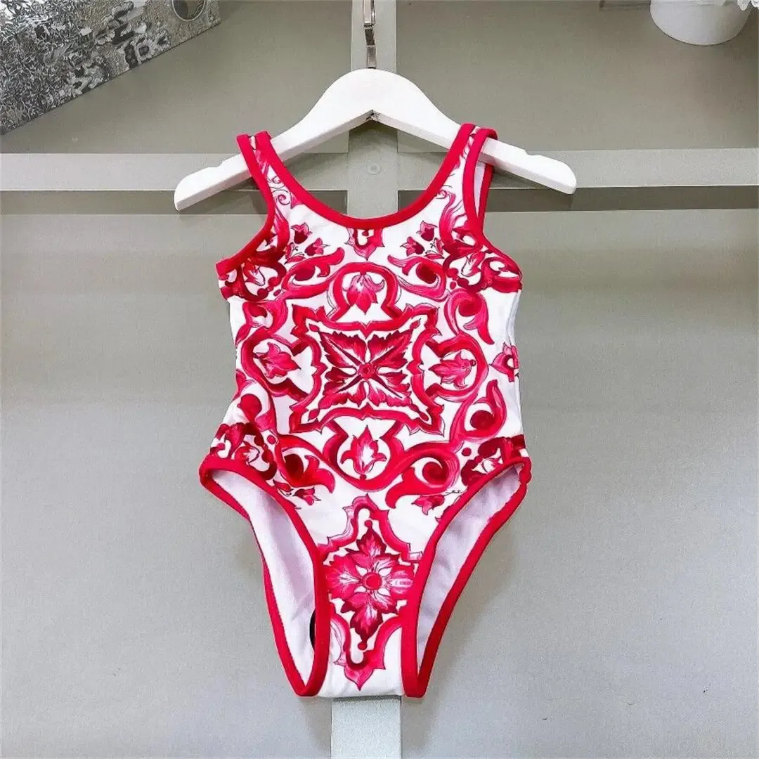 250303 Girl Swimsuits Red Flower Swimwear For Kids Summer Beach Bathing ...