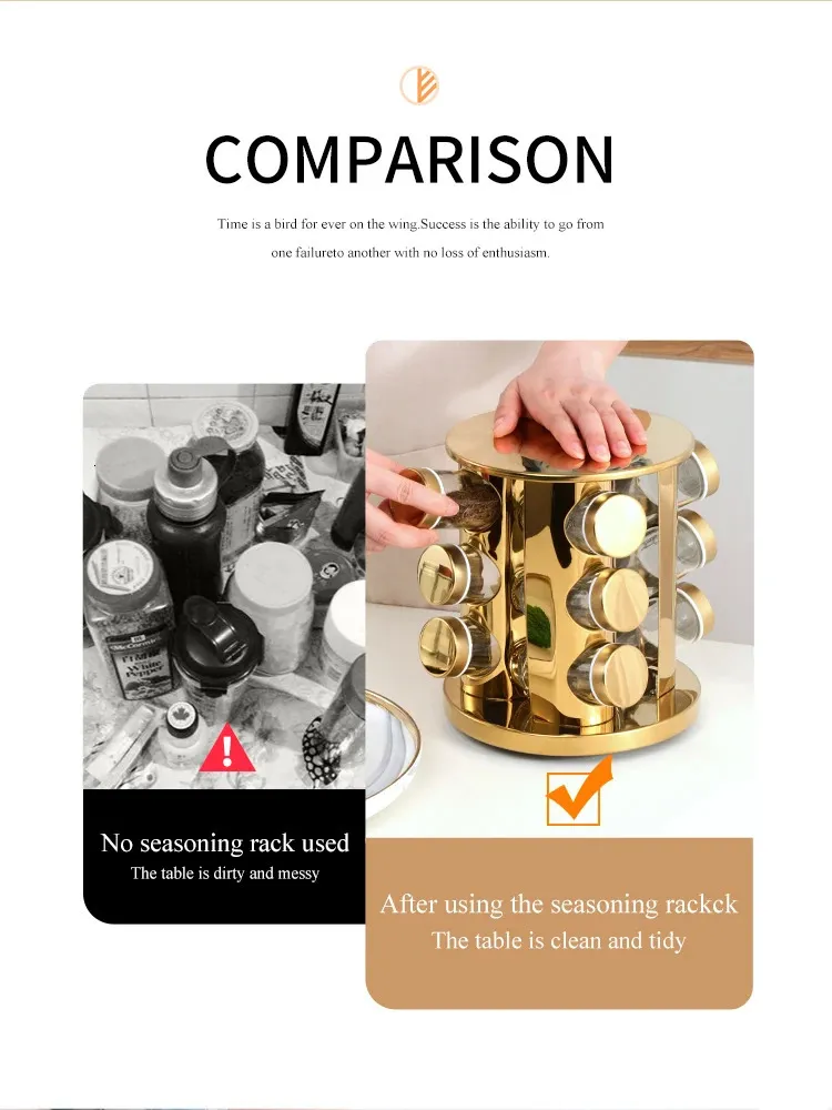 Household Kitchen Rotating Seasoning Rack Stainless Steel Spice Jar Set ...