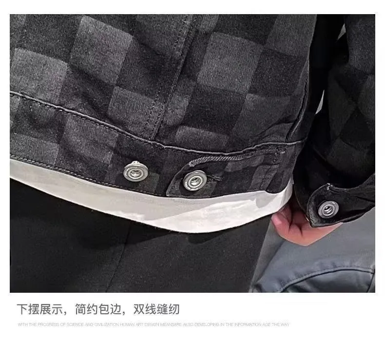 Mens Thick Plaid Denim Jacket Black Spring Autumn Casual Loose Fit Cool ...