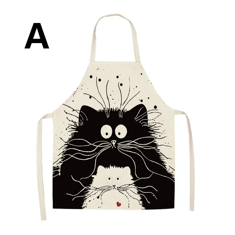 Kitchen Apron Cotton Linen Cartoon Cat Printed Sleeveless Aprons Chef ...