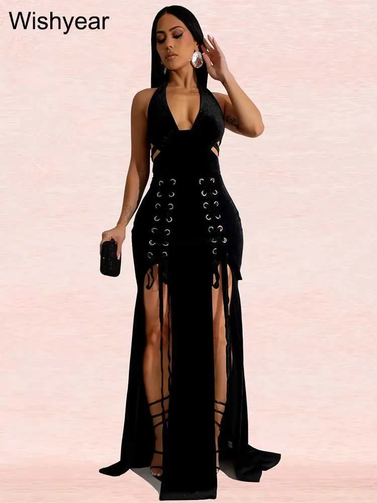 Black Lace Hollow Split Runway Slit Dress For Women With Pendant And ...