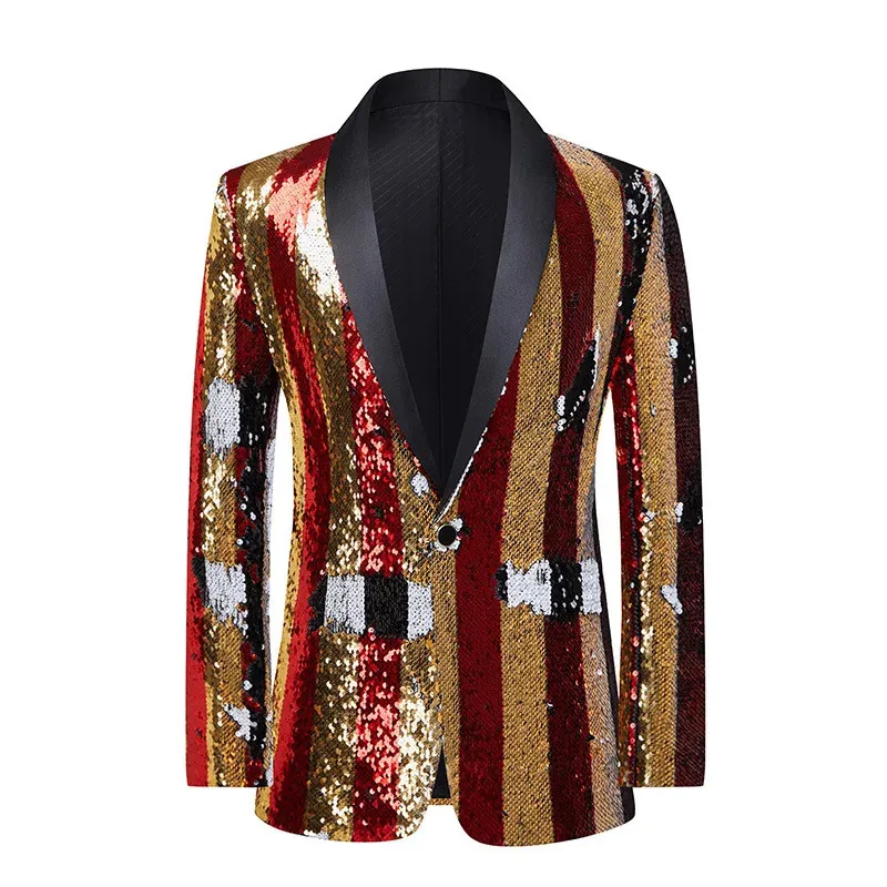 Mens Shining Sequin Stripe Suit Jacket Gold Red Shawl Collar Formal ...