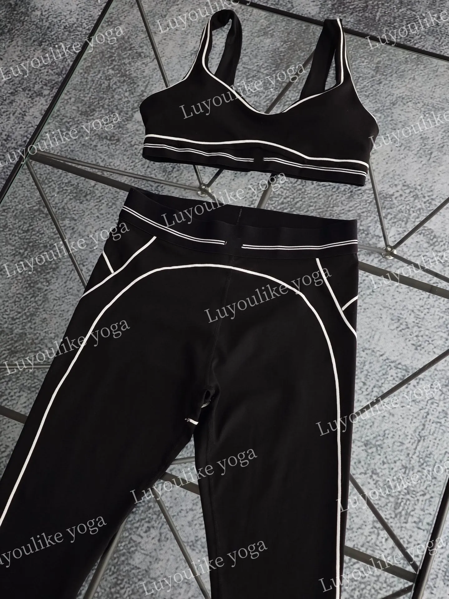 High Waisted Yoga Pants & Bra Set Seamless Sports Bra + Leggings, Breathable Striped Gym Workout ...