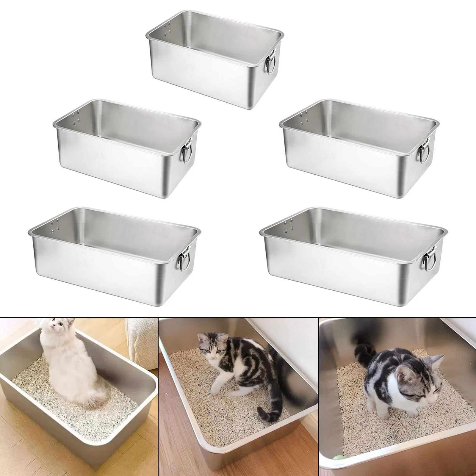 Stainless Steel Kitty Litter Box, High Sided Anti Splashing Cat Litter ...