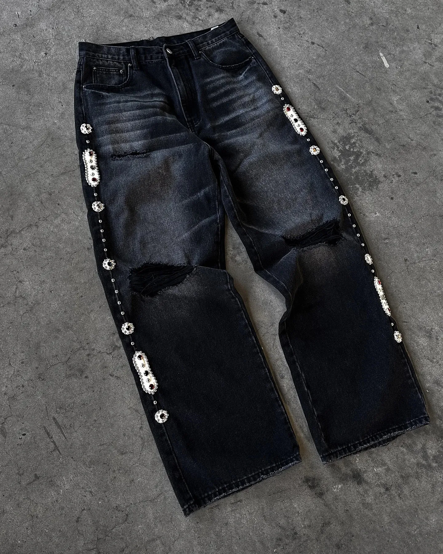 Y2K Rhinestone Embellished Black Jeans - Ripped Denim Wide Leg Pants ...
