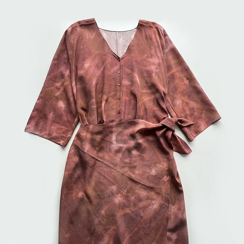 Elegant Silk Tea Length Dress - Floral Print, Lace-Up Design, Premium ...