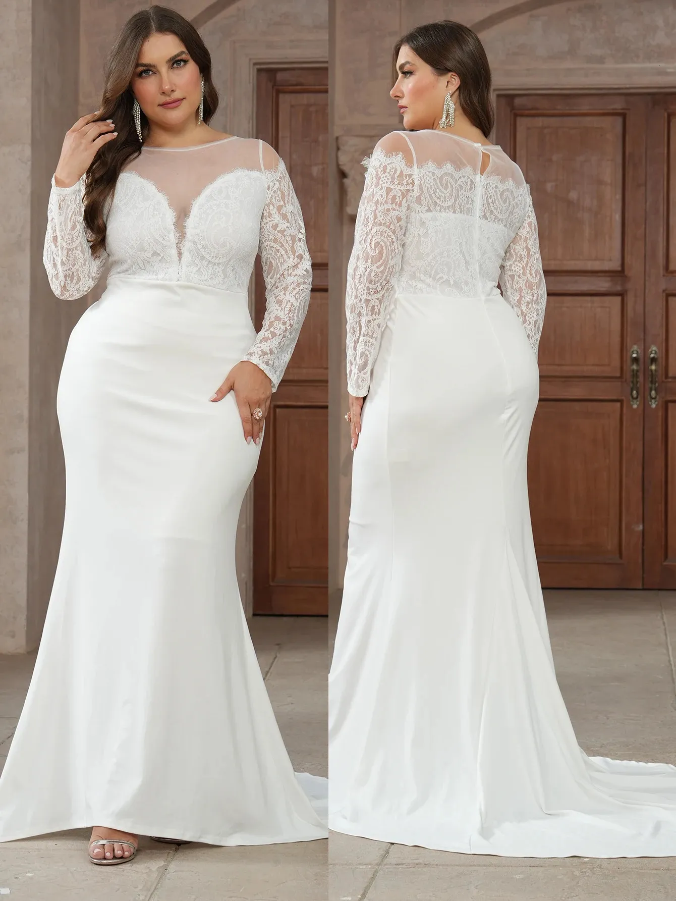 Ladies' Elegant Plus Size Long Sleeved Mermaid Wedding Dress Beach Oneck Lace Bridal Gown ...