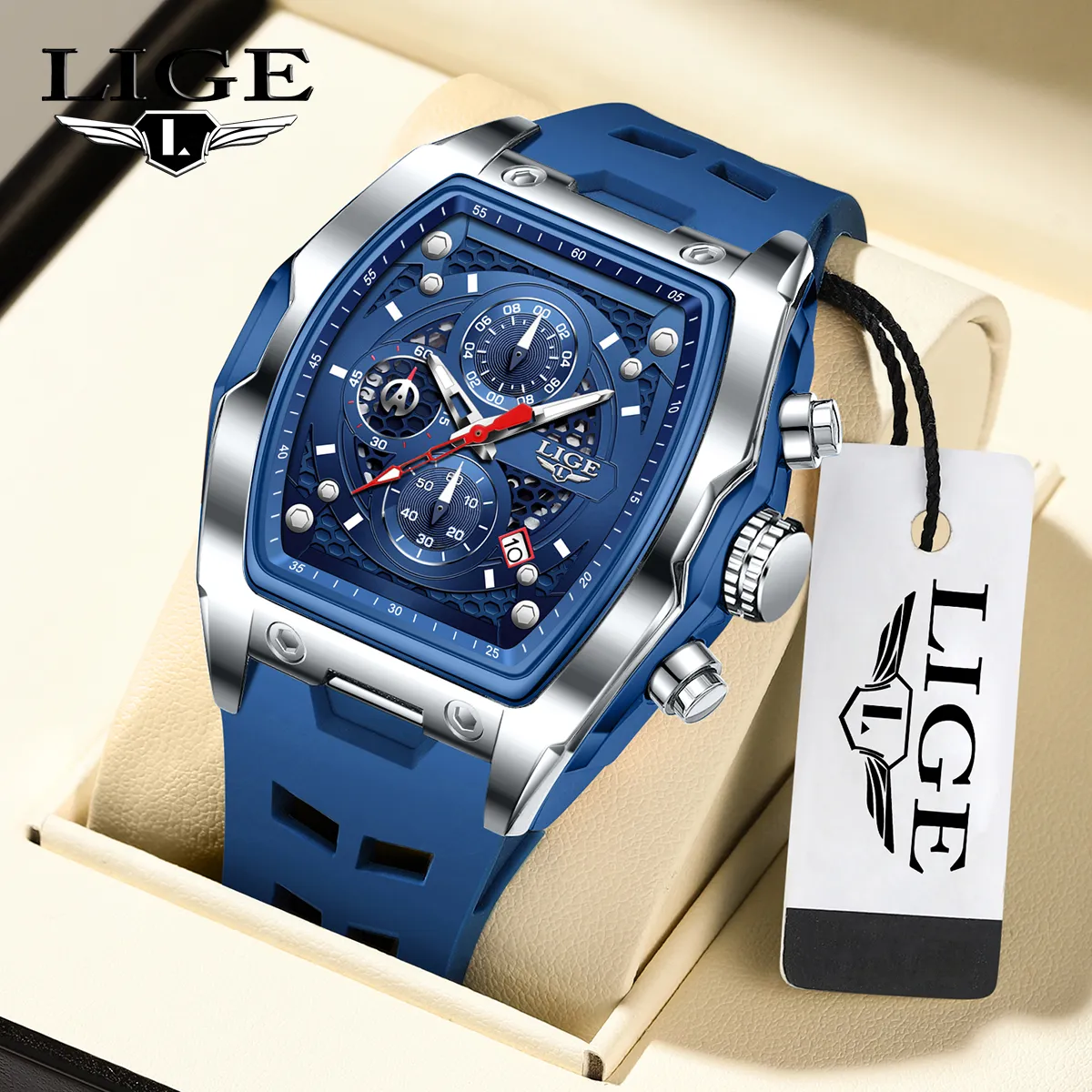 LIGE Brand Sports Style Wine Barrel Men's Watch Curved Mirror Hollowed ...
