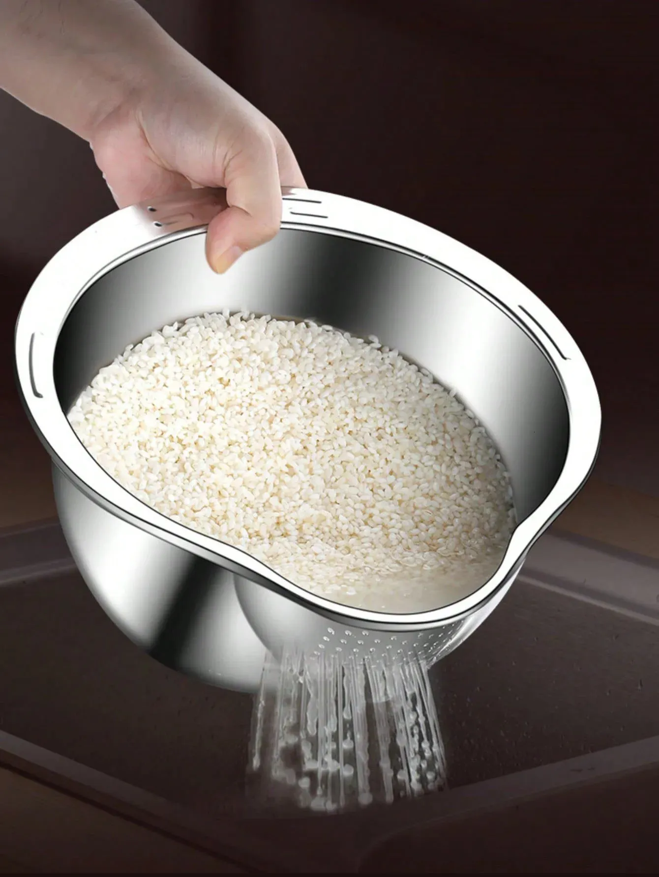 Rice Washer Strainer Bowl Stainless Steel Rice Washing Bowl with Handle ...