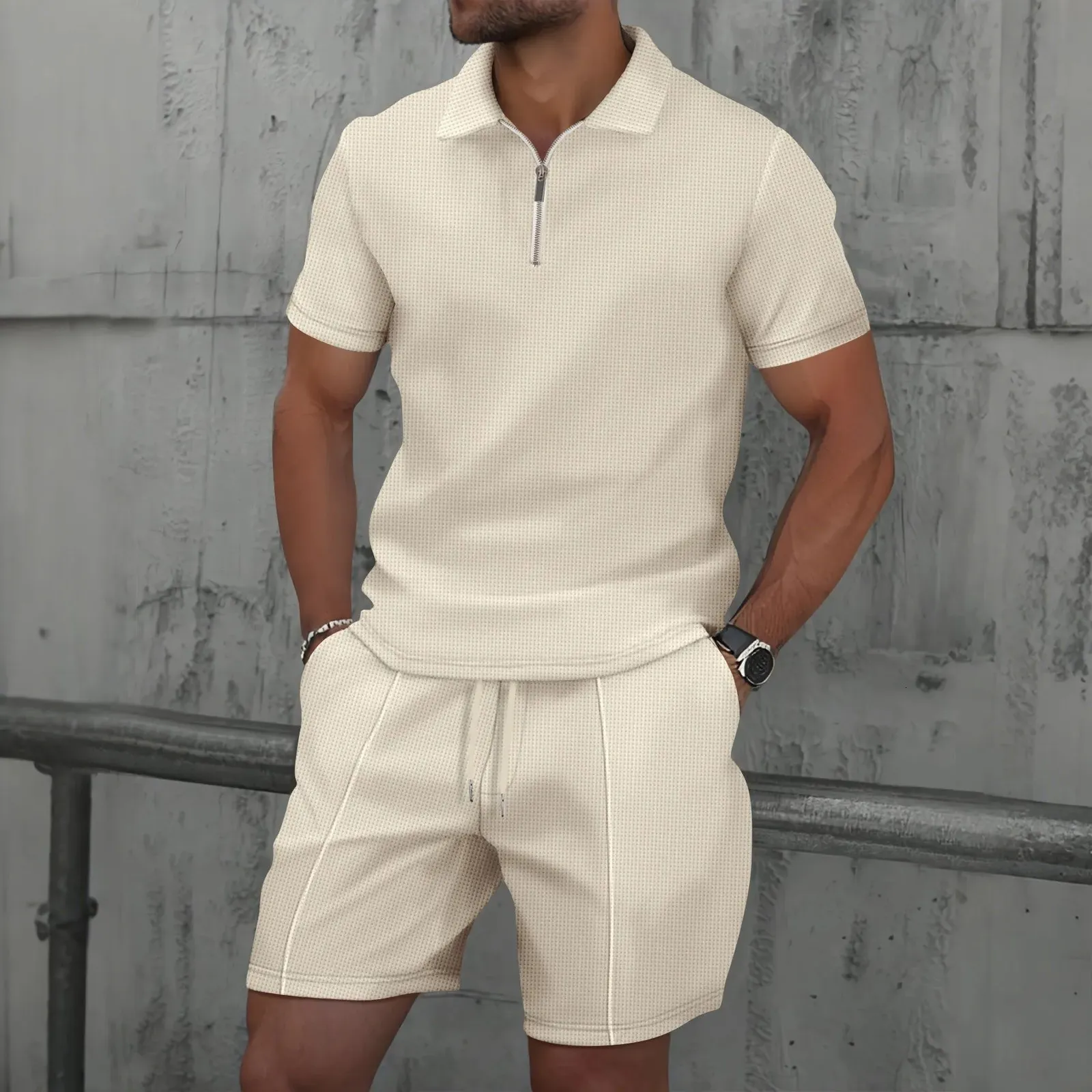 2025 Men's European American Summer Waffle Solid Color Short Sleeve Set ...