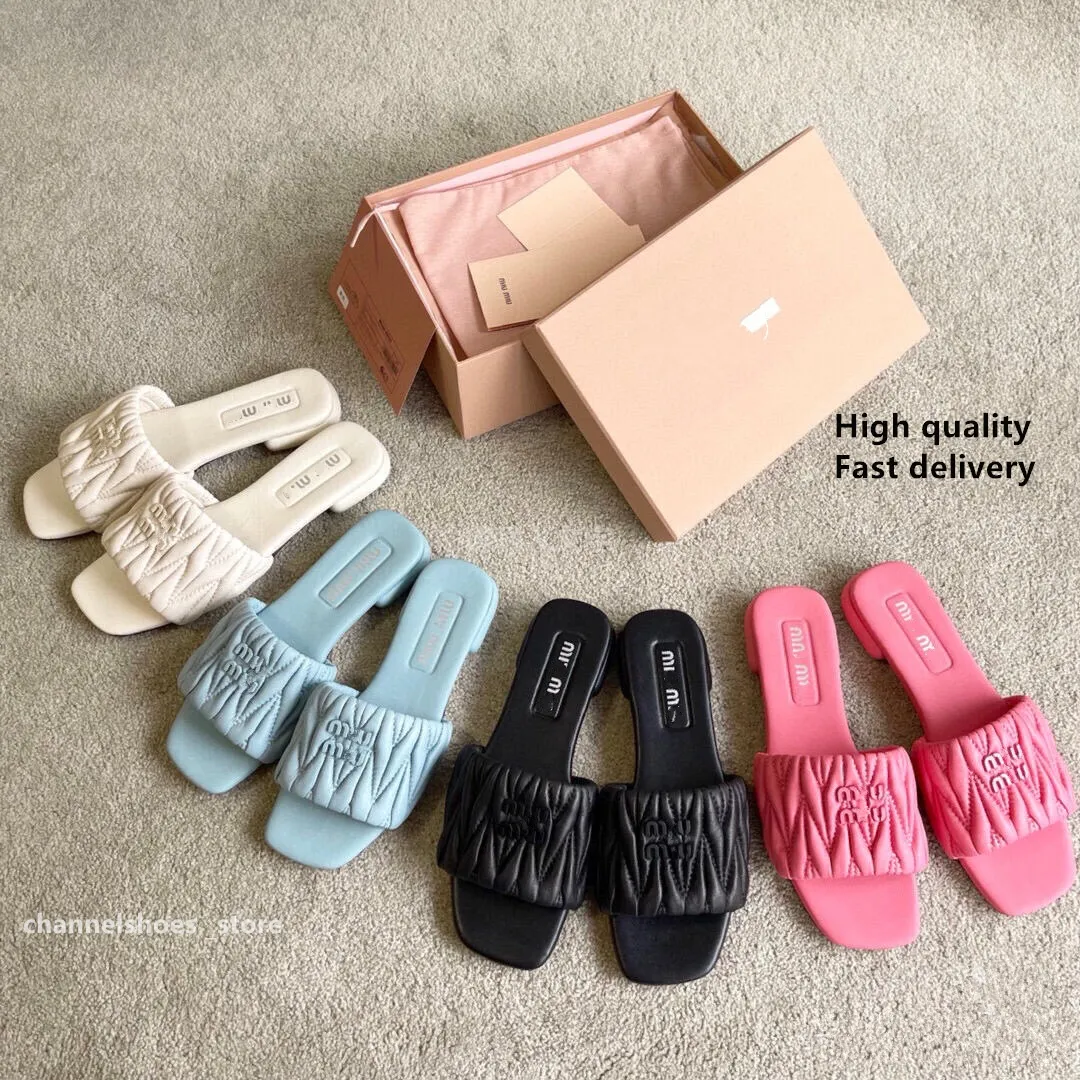 Mius Slide Pleated Square Flat Sandals For Women Outdoor Summer Flip ...