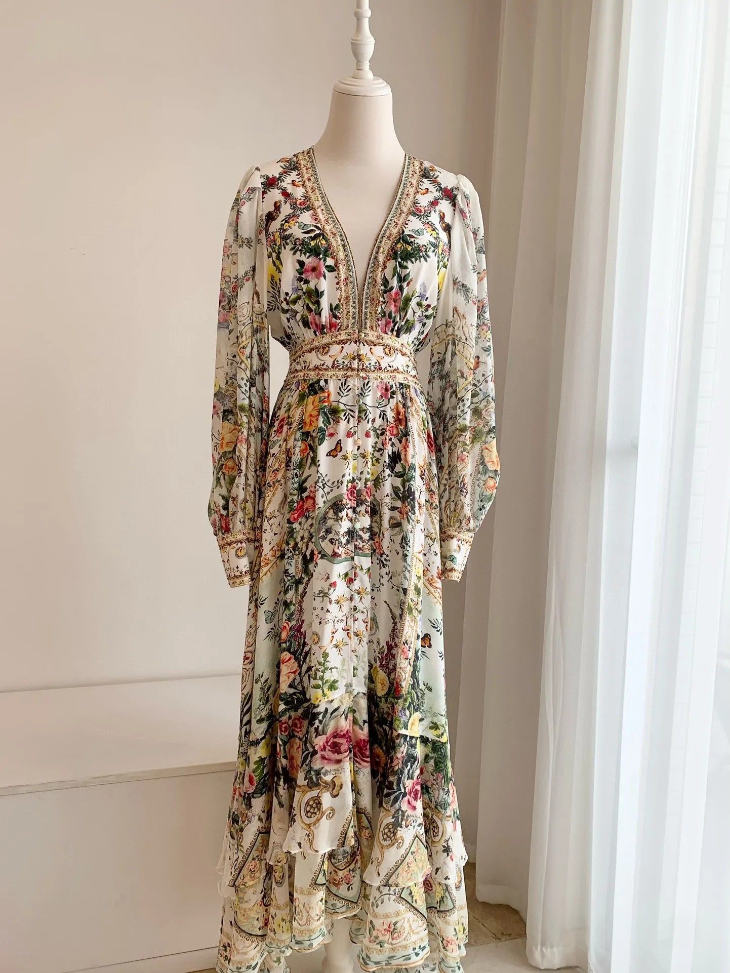 Gargen Floral Flowers Silk Square Neck Long Dress with Ruffle ...