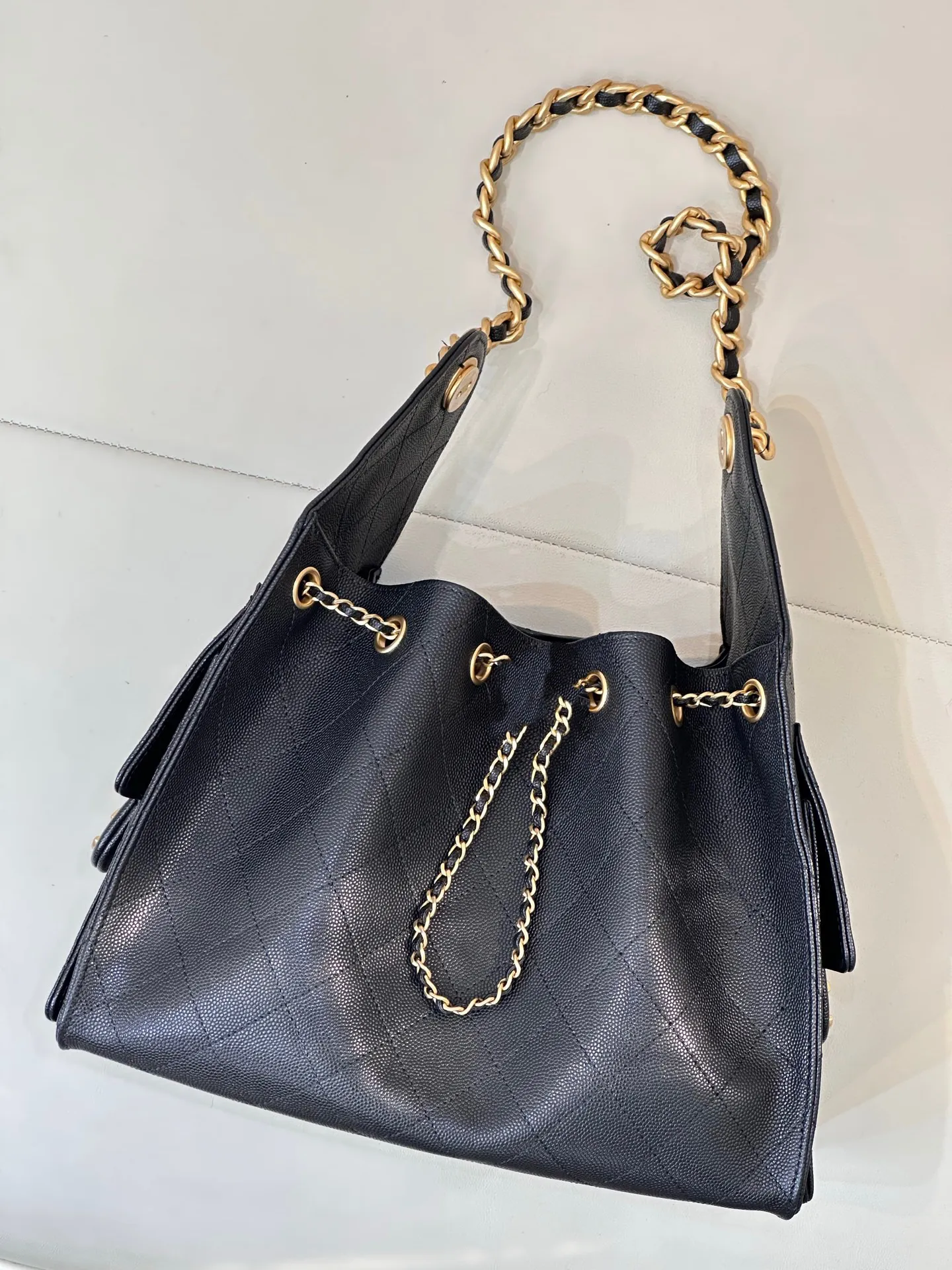 Luxury Designer Black Leather Slouch Bag With Diamond Lattice And Long ...