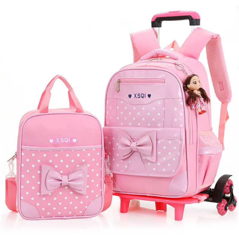 X250317 Student Girls Trolley Backpack 2 Wheel Waterproof Rolling ...