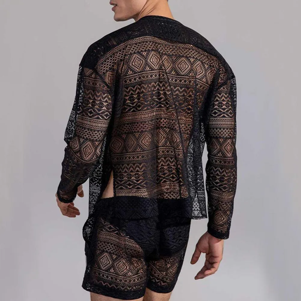 Men's Autumn Two-Piece Set: Hollow Solid Color Lace See-Through Top ...
