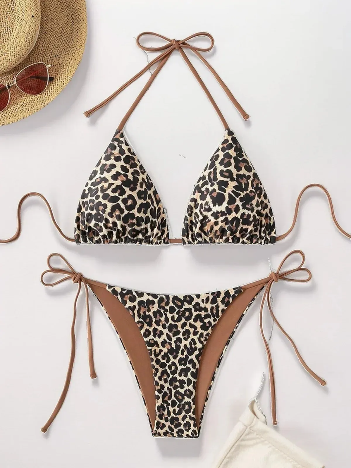 Leopard Print Bikini Triangle Swimsuits Set: Sexy Halter Lace Up ...