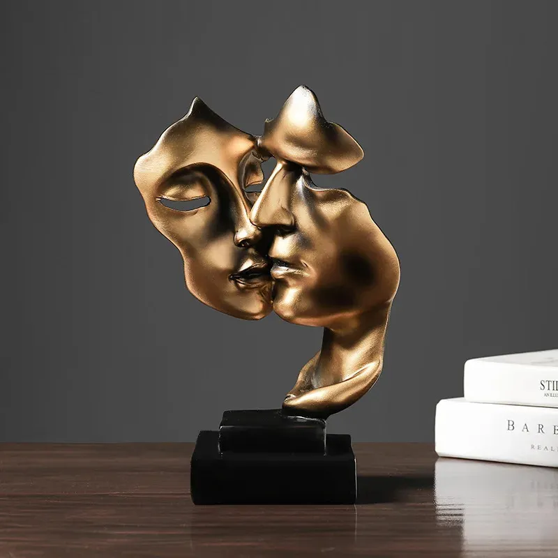 Kissing Couple Sculpture Abstract Resin Human Face Mask Statue Tabletop ...