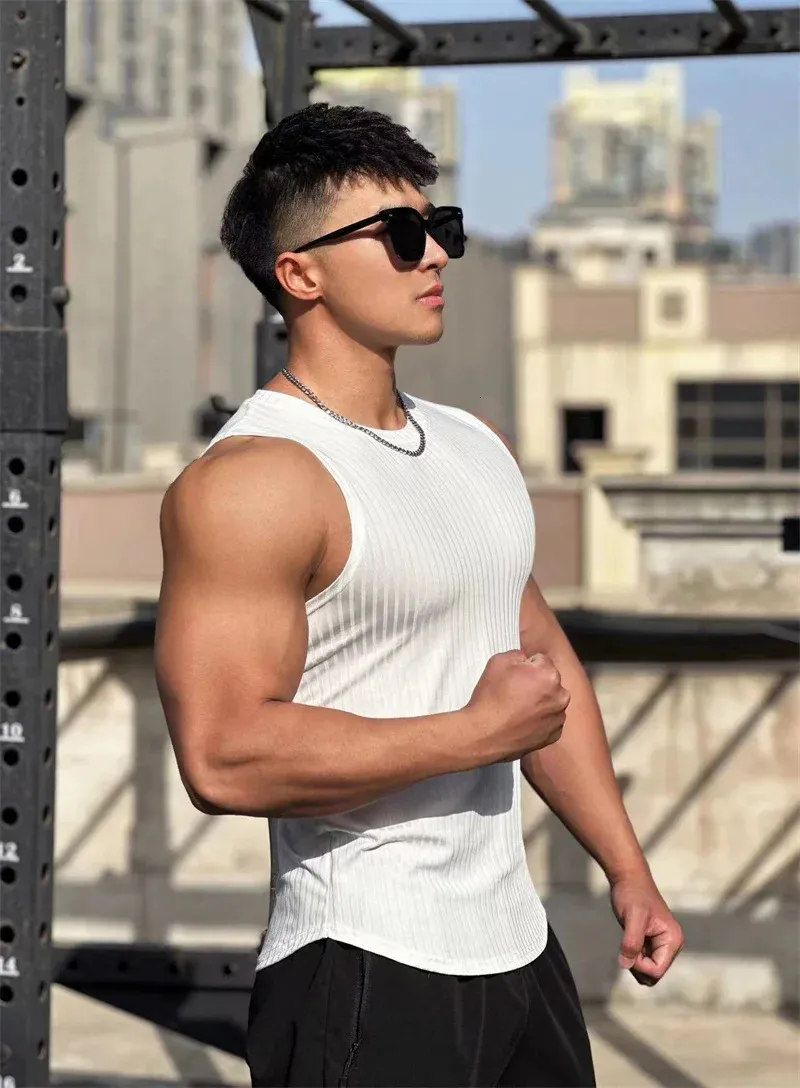 Summer Men's Tank Top Fitness Sleeveless Shirt Elastic Stripe Sports ...
