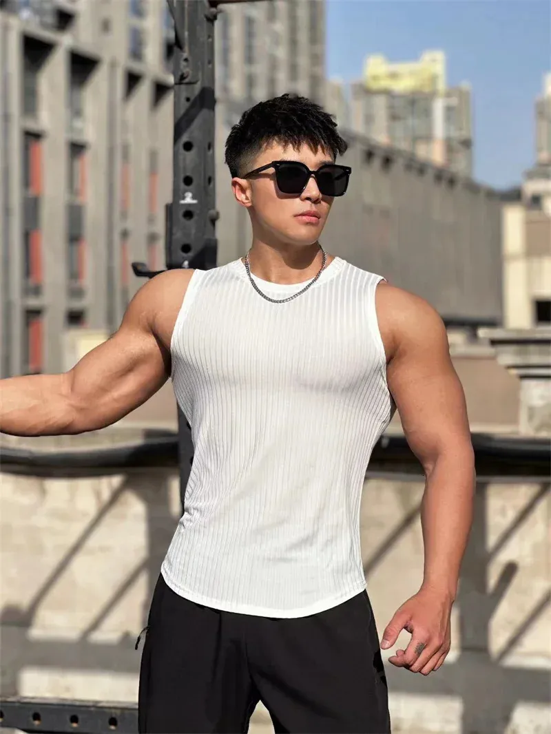 Summer Men's Tank Top Fitness Sleeveless Shirt Elastic Stripe Sports ...