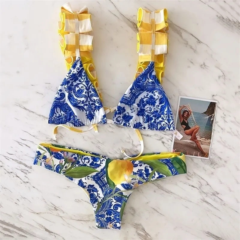 Flower Print Ruffle Smocked Bikini Set Sexy V Neck Two Piece Swimsuit ...