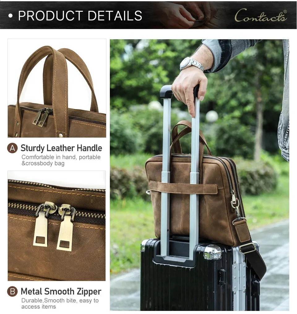 Contacts Genuine Leather Men's Briefcase Vintage Large Laptop Bag for ...