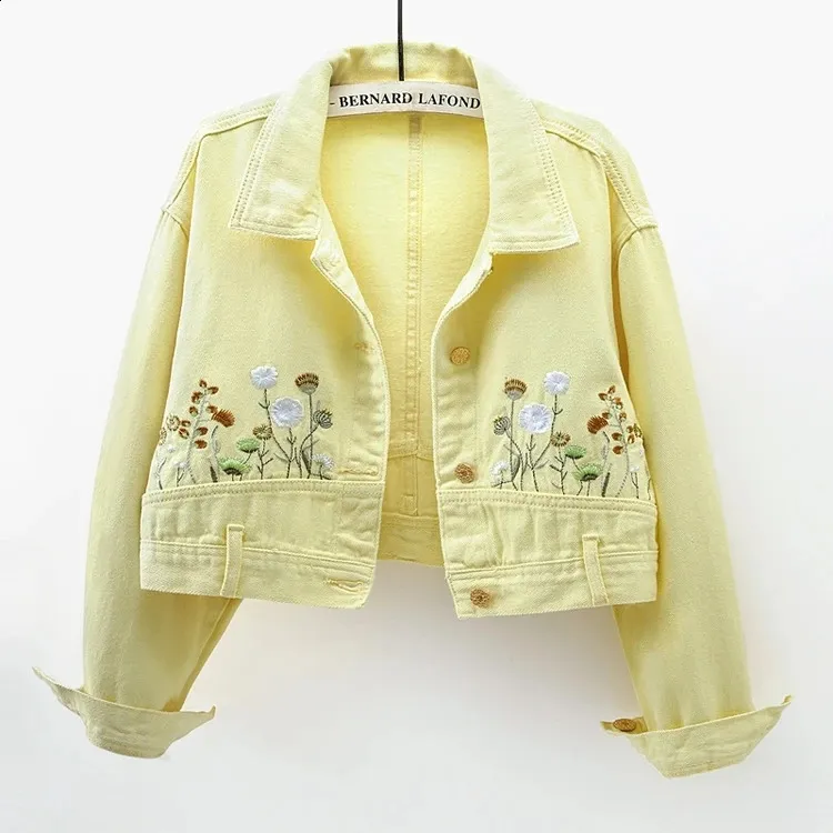 Fashion Floral Embroidery Crop Denim Jacket Womens Lapel Long Sleeved ...