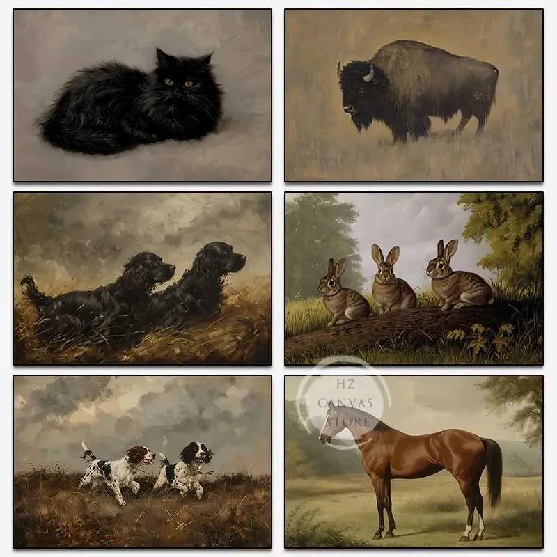 Antique Canvas Print Of Bison, Chicken, Hunting Dog, And Cat Vintage ...