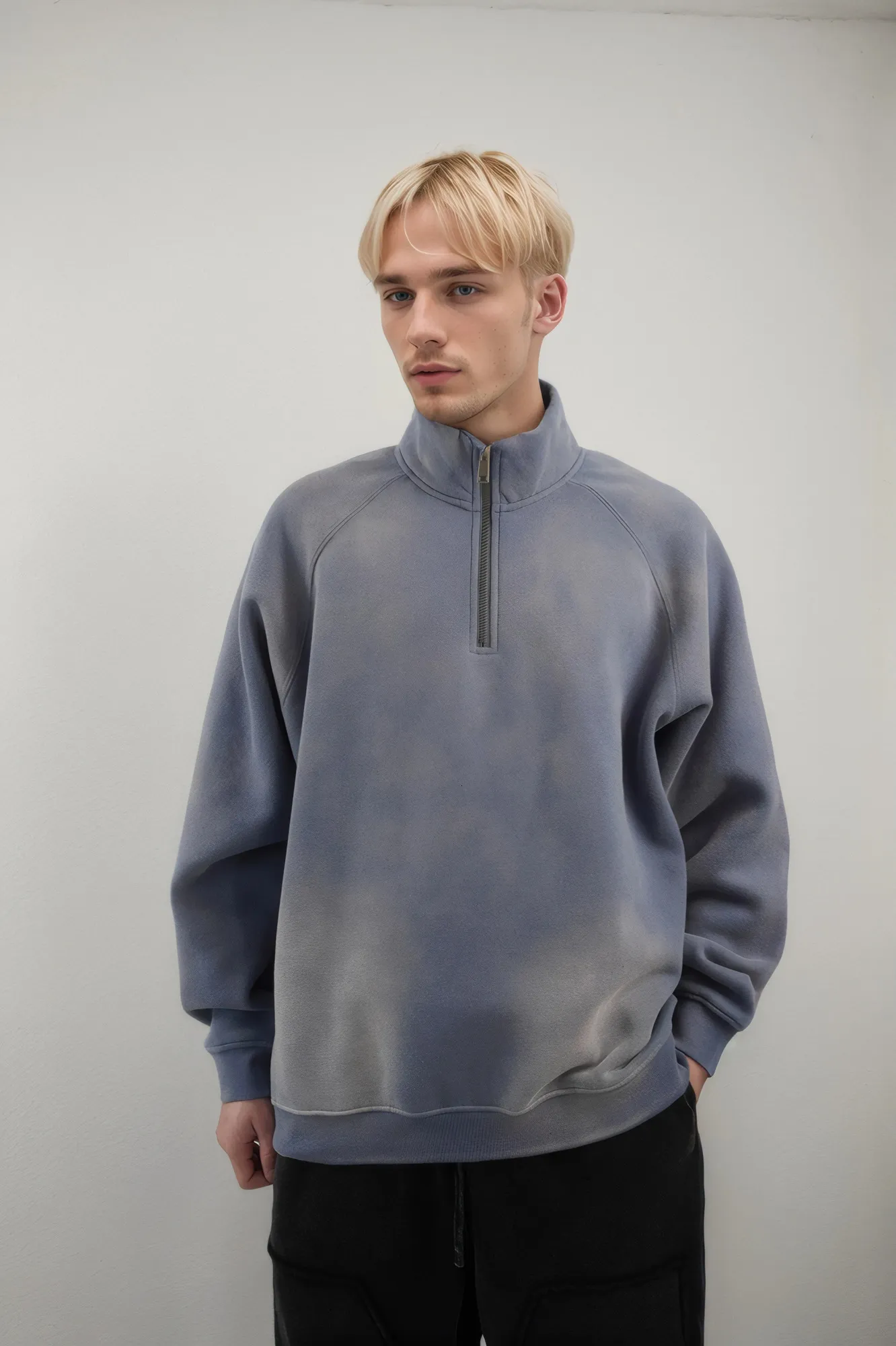 American Oversized Acid Wash Sun Faded Winter Sweatshirt Quarter Zip Up ...