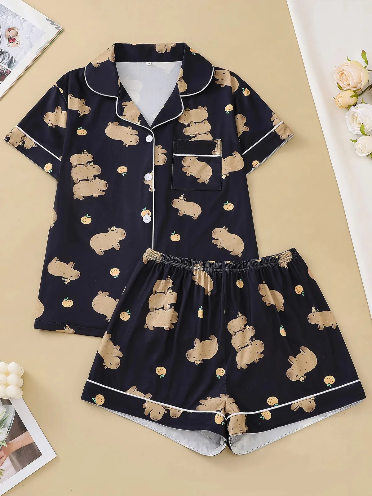 DHgate Black Background Capybara Cardigan Sleepwear Set For ...