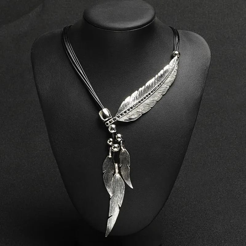 Bohemian Style Rope Chain Necklace with Leaf and Feather Pendant, Fine ...