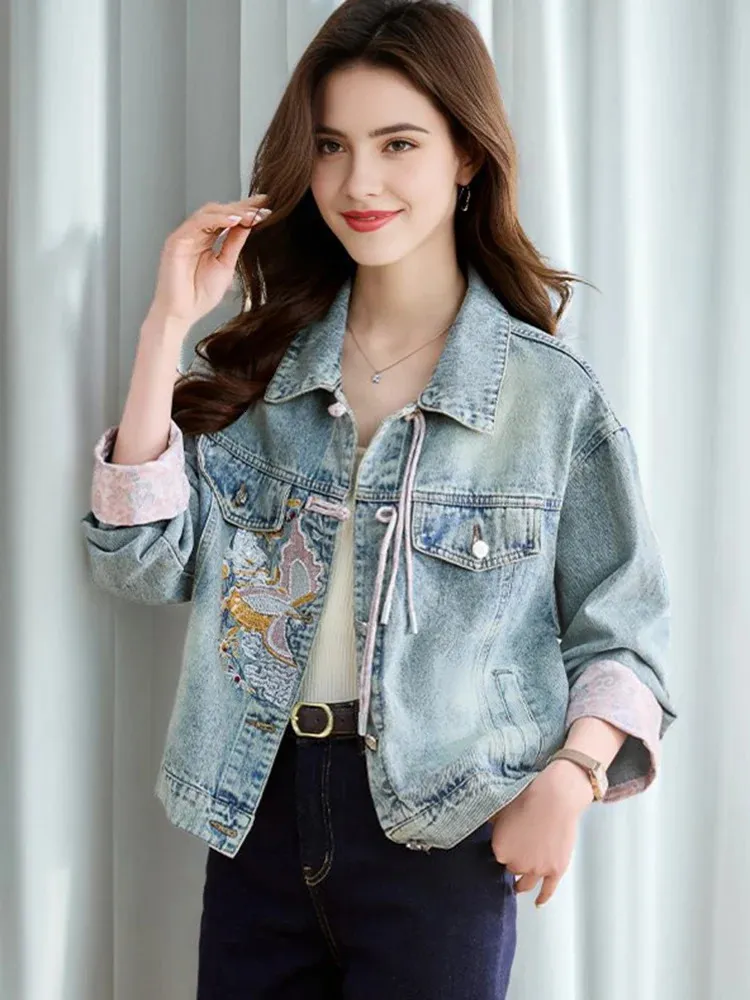 Spring Women's Denim Jacket and Coat, Chinese Style, Long Sleeve ...