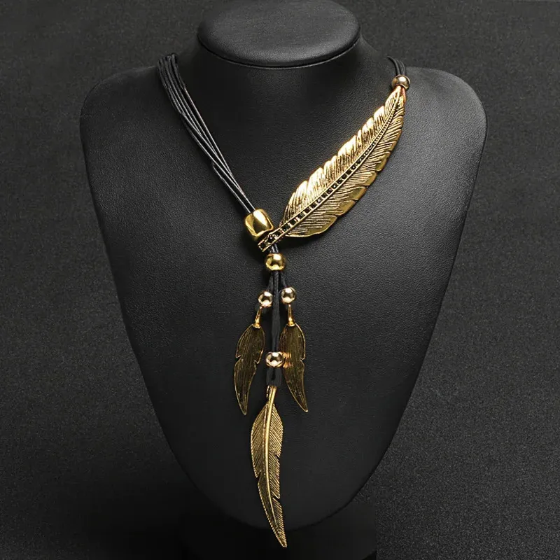 Bohemian Style Rope Chain Necklace with Leaf and Feather Pendant, Fine ...